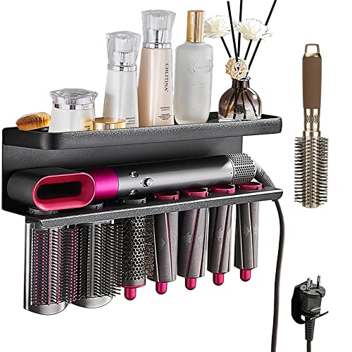 WIOR Storage Holder for Dyson Airwrap Styler Accessories, Wall Mounted Bracket Rack for Curling Iron Attachments, Hair Dryer Organizer Stand with Adhesive and Round Brush for Bathroom Bedroom Salon