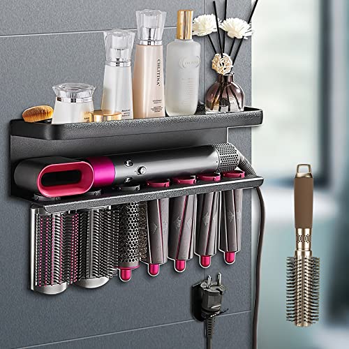 WIOR Storage Holder for Dyson Airwrap Styler Accessories, Wall Mounted Bracket Rack for Curling Iron Attachments, Hair Dryer Organizer Stand with Adhesive and Round Brush for Bathroom Bedroom Salon