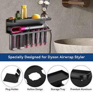 WIOR Storage Holder for Dyson Airwrap Styler Accessories, Wall Mounted Bracket Rack for Curling Iron Attachments, Hair Dryer Organizer Stand with Adhesive and Round Brush for Bathroom Bedroom Salon