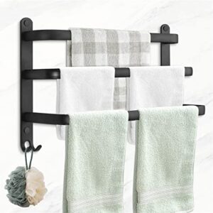 3 tier towel bars, jigiu triple towel hanger rack aluminum towel holder with 5 hooks, 3-tier ladder adhesive towel rack storage organizer wall mounted space saving for bathroom kitchen hotel,black