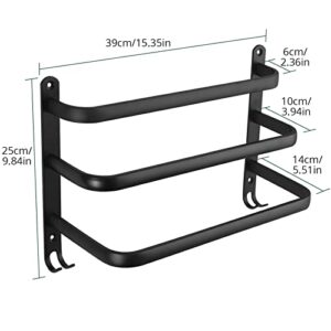 3 Tier Towel Bars, JiGiU Triple Towel Hanger Rack Aluminum Towel Holder with 5 Hooks, 3-Tier Ladder Adhesive Towel Rack Storage Organizer Wall Mounted Space Saving for Bathroom Kitchen Hotel,Black