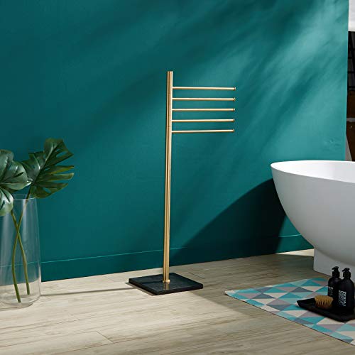 KALYSTE Freestanding Towel Drying Rack – Bathroom Brass Towel Holder Stand, 5 Swivel Arm Rectangle Marble Base 38.8×9.85 Inch, Modern Brushed Gold Bath Towel Stand. (Black Base)