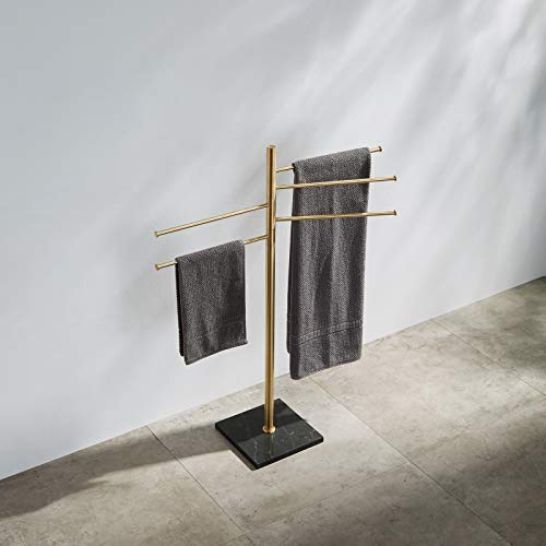 KALYSTE Freestanding Towel Drying Rack – Bathroom Brass Towel Holder Stand, 5 Swivel Arm Rectangle Marble Base 38.8×9.85 Inch, Modern Brushed Gold Bath Towel Stand. (Black Base)