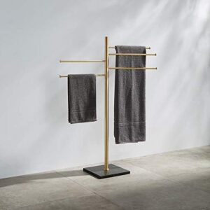 KALYSTE Freestanding Towel Drying Rack – Bathroom Brass Towel Holder Stand, 5 Swivel Arm Rectangle Marble Base 38.8×9.85 Inch, Modern Brushed Gold Bath Towel Stand. (Black Base)