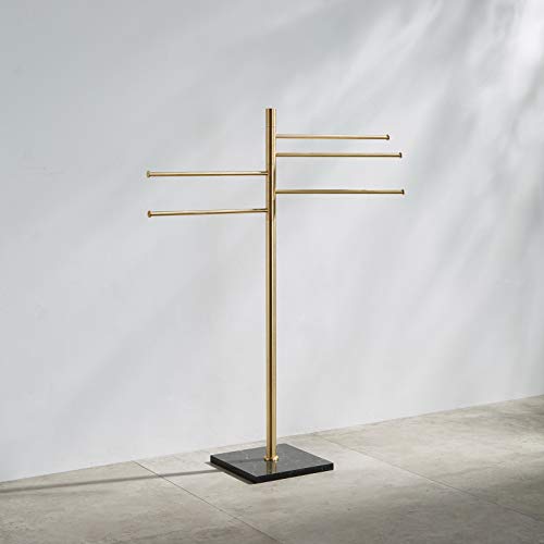 KALYSTE Freestanding Towel Drying Rack – Bathroom Brass Towel Holder Stand, 5 Swivel Arm Rectangle Marble Base 38.8×9.85 Inch, Modern Brushed Gold Bath Towel Stand. (Black Base)