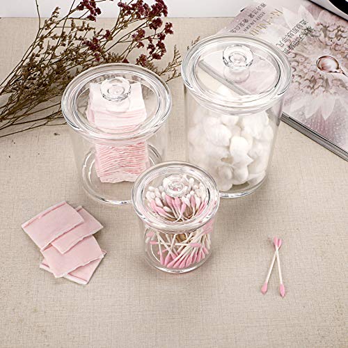 Hipiwe Clear Plastic Apothecary Jars with Lid, Large Size Bathroom Storage Canister Jar Cotton Ball and Swab Organizer Q-Tips Holder, 60-Ounce, 30-Ounce and 15-Ounce, Set of 3