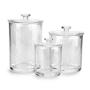 Hipiwe Clear Plastic Apothecary Jars with Lid, Large Size Bathroom Storage Canister Jar Cotton Ball and Swab Organizer Q-Tips Holder, 60-Ounce, 30-Ounce and 15-Ounce, Set of 3