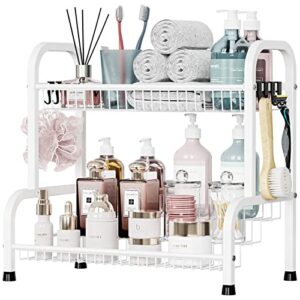 swedecor bathroom countertop organizer, 2 tier bathroom counter organizer standing rack with stepped design, corner storage shelf cosmetic organizer holder for bathroom vanity countertops,white