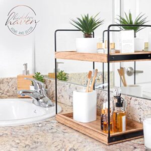 Hidden Haven - Upgraded - 2 Tier Wooden Countertop Organizer Lightly Lacquered to Resist Water and Stains - Multi-Use Organizer - Bathroom Organizer, Kitchen Organizer (Natural Wood)