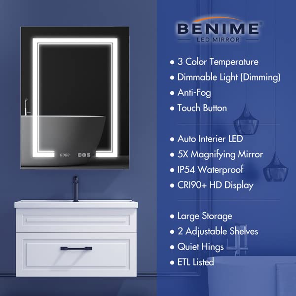 BENIME 30×32 Inch Bathroom Medicine Cabinets with LED Mirror CRI90+, Defogger, Stepless Dimmer, 3 Colors Light, Clock, Room Temperature, 5X Magnifying Makeup Mirror, Outlet & USBs, Recessed or Surface