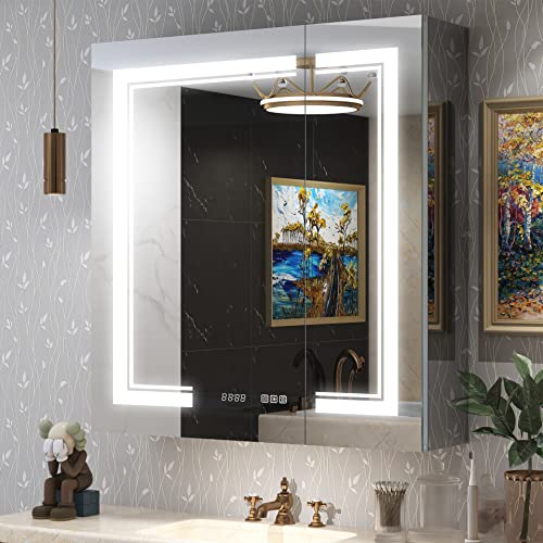 BENIME 30×32 Inch Bathroom Medicine Cabinets with LED Mirror CRI90+, Defogger, Stepless Dimmer, 3 Colors Light, Clock, Room Temperature, 5X Magnifying Makeup Mirror, Outlet & USBs, Recessed or Surface