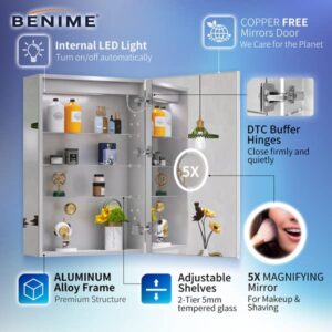 BENIME 30×32 Inch Bathroom Medicine Cabinets with LED Mirror CRI90+, Defogger, Stepless Dimmer, 3 Colors Light, Clock, Room Temperature, 5X Magnifying Makeup Mirror, Outlet & USBs, Recessed or Surface