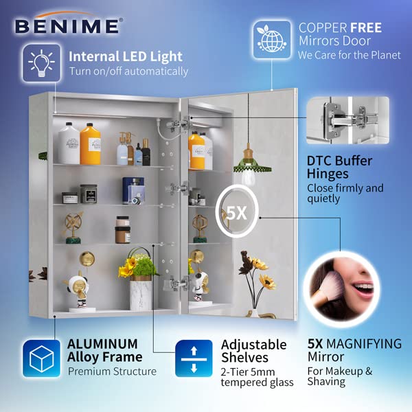 BENIME 30×32 Inch Bathroom Medicine Cabinets with LED Mirror CRI90+, Defogger, Stepless Dimmer, 3 Colors Light, Clock, Room Temperature, 5X Magnifying Makeup Mirror, Outlet & USBs, Recessed or Surface