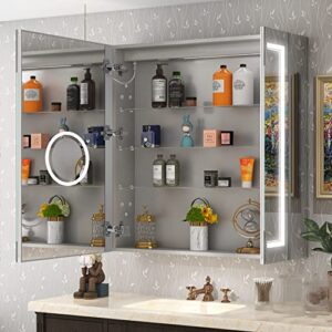 BENIME 30×32 Inch Bathroom Medicine Cabinets with LED Mirror CRI90+, Defogger, Stepless Dimmer, 3 Colors Light, Clock, Room Temperature, 5X Magnifying Makeup Mirror, Outlet & USBs, Recessed or Surface