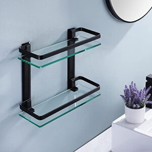 KES Bathroom Glass Shelf Extra 8 MM-Thick Tempered Glass Anodized Aluminum 2 Tier Rectangular Storage Organizer Wall Mount Black, A4126B-BK