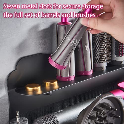 2in1 Wall Mounted Holder for Dyson Supersonic Hair Dryer, Bathroom Storage Bracket Rack for Dyson Airwrap, Hair Dryer Organizer Fits Barrels Brushes Diffuser Nozzles for Hair Salon Barbershop