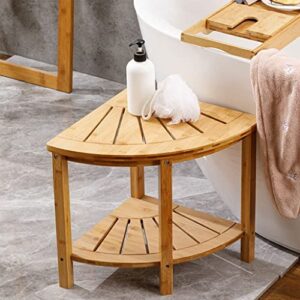 ZIKWOR Bamboo Corner Shower Stool for Shaving Legs Foot Rest, Waterproof Bath Bench Seat with Storage Shelf and Soap Dish for Bathroom Inside Shower,2-Tier Wooden Bathroom Shower Stool