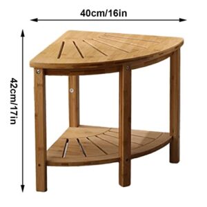 ZIKWOR Bamboo Corner Shower Stool for Shaving Legs Foot Rest, Waterproof Bath Bench Seat with Storage Shelf and Soap Dish for Bathroom Inside Shower,2-Tier Wooden Bathroom Shower Stool