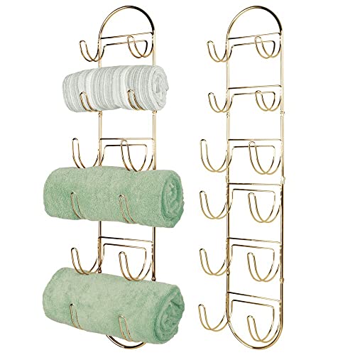 mDesign Steel Wall Mount Towel Rack with 6 Compartments - Towel Holder and Towel Storage Shelf Organizer for Bathroom, Powder Room - Concerto Collection - 2 Pack - Soft Brass