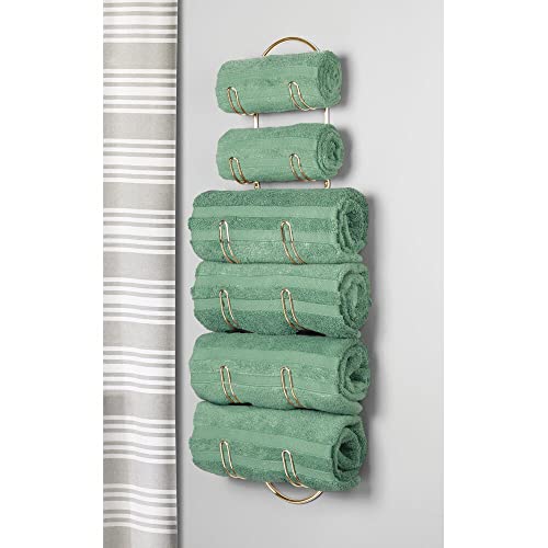 mDesign Steel Wall Mount Towel Rack with 6 Compartments - Towel Holder and Towel Storage Shelf Organizer for Bathroom, Powder Room - Concerto Collection - 2 Pack - Soft Brass