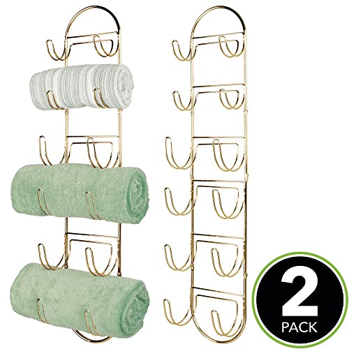 mDesign Steel Wall Mount Towel Rack with 6 Compartments - Towel Holder and Towel Storage Shelf Organizer for Bathroom, Powder Room - Concerto Collection - 2 Pack - Soft Brass