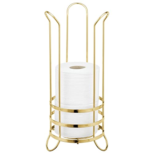 mDesign Decorative Free Standing Toilet Paper Holder Stand with Storage for 3 Rolls of Toilet Tissue - for Bathroom/Powder Room - Holds Mega Rolls - Durable Metal Wire - Soft Brass