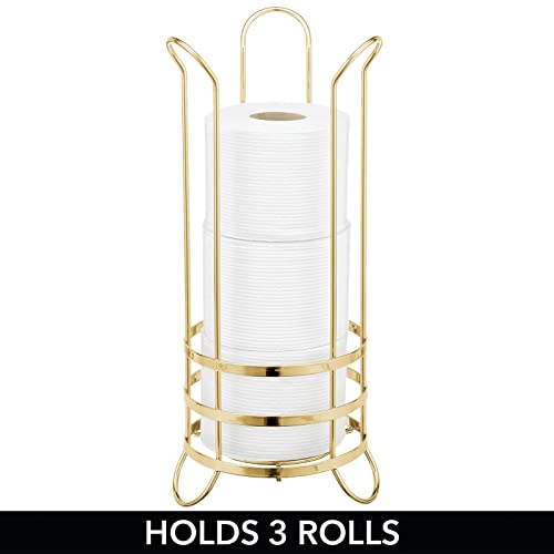 mDesign Decorative Free Standing Toilet Paper Holder Stand with Storage for 3 Rolls of Toilet Tissue - for Bathroom/Powder Room - Holds Mega Rolls - Durable Metal Wire - Soft Brass