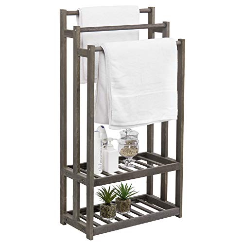 MyGift 3-Tier Vintage Gray Wood Towel Rack with 2 Bottom Storage Shelves