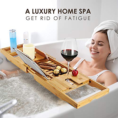 Bathtub Caddy Tray, Bamboo Bath Tray Table Extendable Reading Rack Tablet Phone Holder Wine Glass Holder Shelf Desk Bathroom Spa