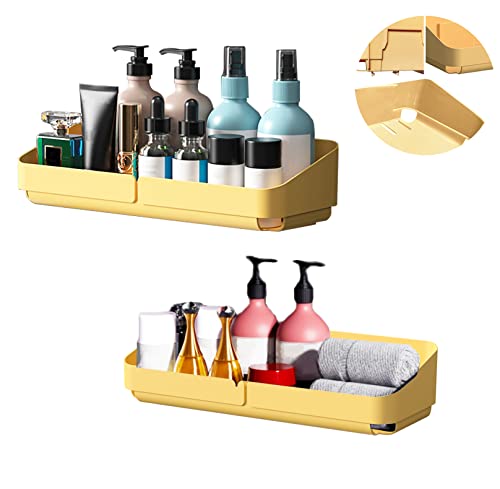 Fineget Shower Caddy Removable Adhesive Shower Shelves Large Plastic Wall Basket Shelf for Bathroom Kitchen Bathtub Rustproof No Drilling Shower Storage Organizer Quick Dry Yellow 2 Pack