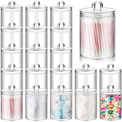 20 Pack Clear Plastic Cotton Ball Holder 10 oz Apothecary Jar Cotton Swab Holder with Lid Round Bathroom Canisters for Cotton Swab Cotton Round Pads, Floss, Vanity Makeup Organizer