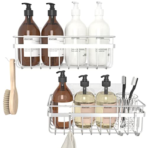 Shower Caddy Shelf, Adhesive Shower Organizer 2 Pack, Shower Shelves for Inside Shower Stainless Steel, Wall Mounted Shower Rack No Drilling, Shower Storage Organization for Bathroom, Silver