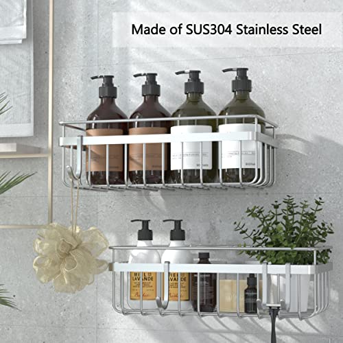 Shower Caddy Shelf, Adhesive Shower Organizer 2 Pack, Shower Shelves for Inside Shower Stainless Steel, Wall Mounted Shower Rack No Drilling, Shower Storage Organization for Bathroom, Silver