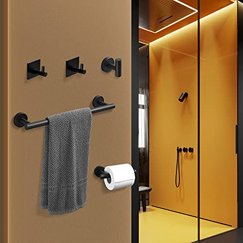 Sagetta Matte Black Bathroom Hardware Set 5-Piece, SUS304 Stainless Steel Bathroom Accessories Set Includes 16-inch Towel Bar Set,3 Robe Towel Hooks,Toilet Paper Holder (Matte Black)