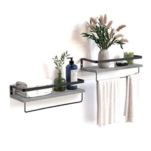 halter bathroom shelf with towel bar, wall mounted floating shelves with bar and metal towel rod for bathroom and kitchen, wooden bathroom shelves, floating bar shelves, grey