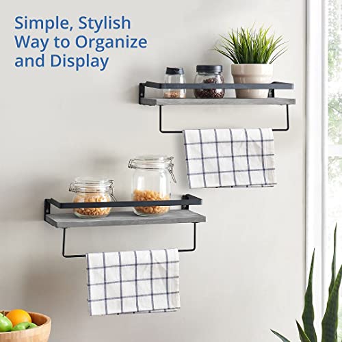 Halter Bathroom Shelf with Towel Bar, Wall Mounted Floating Shelves with Bar and Metal Towel Rod for Bathroom and Kitchen, Wooden Bathroom Shelves, Floating Bar Shelves, Grey