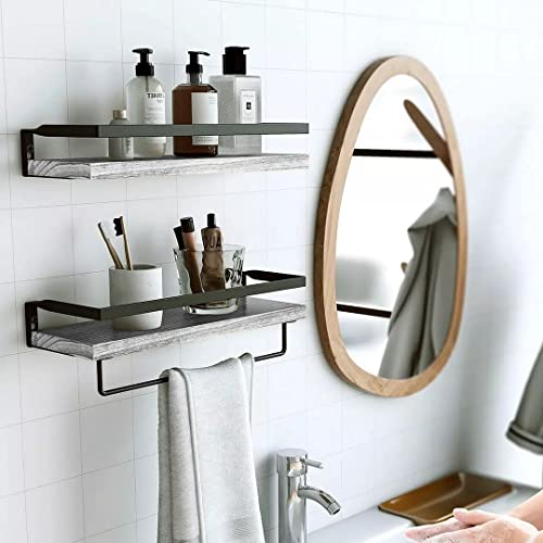 Halter Bathroom Shelf with Towel Bar, Wall Mounted Floating Shelves with Bar and Metal Towel Rod for Bathroom and Kitchen, Wooden Bathroom Shelves, Floating Bar Shelves, Grey