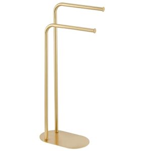 mDesign Tall Stainless Freestanding Towel Rack Holder - 2 Tier Minimalist Pedestal Hanger Holders for Kitchen and Bathroom - Racks for Bath, Hand, Dish, and Tea Towels or Washcloths - Soft Brass