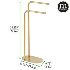 mDesign Tall Stainless Freestanding Towel Rack Holder - 2 Tier Minimalist Pedestal Hanger Holders for Kitchen and Bathroom - Racks for Bath, Hand, Dish, and Tea Towels or Washcloths - Soft Brass