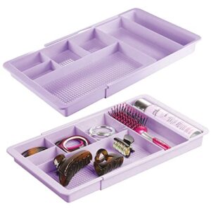 mdesign expandable 7-compartment plastic drawer organizer tray for bathroom and vanity - perfect for makeup, cosmetic, toothbrush, medicine organizing - lumiere collection - 2 pack - light purple