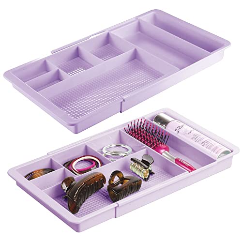 mDesign Expandable 7-Compartment Plastic Drawer Organizer Tray for Bathroom and Vanity - Perfect for Makeup, Cosmetic, Toothbrush, Medicine Organizing - Lumiere Collection - 2 Pack - Light Purple