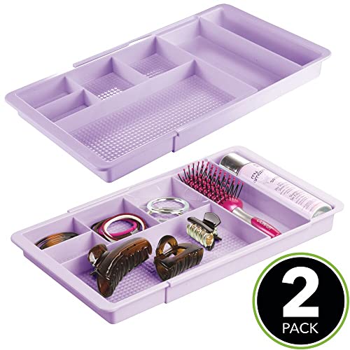 mDesign Expandable 7-Compartment Plastic Drawer Organizer Tray for Bathroom and Vanity - Perfect for Makeup, Cosmetic, Toothbrush, Medicine Organizing - Lumiere Collection - 2 Pack - Light Purple