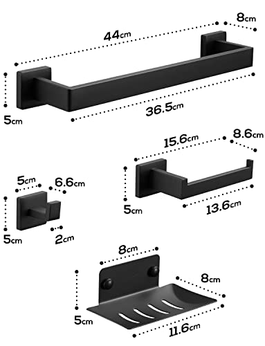 DHAEE 6 Pieces Matte Black Bathroom Accessories Set,Sturdy 304 Stainless Steel Bathroom Hardware Set,Include Wall Mounted Towel Rack/Toilet Paper Holder,Towel Rings,2 Towel Hooks,2 Soap Dish