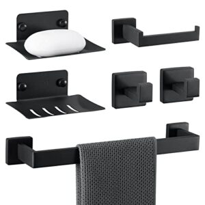 dhaee 6 pieces matte black bathroom accessories set,sturdy 304 stainless steel bathroom hardware set,include wall mounted towel rack/toilet paper holder,towel rings,2 towel hooks,2 soap dish