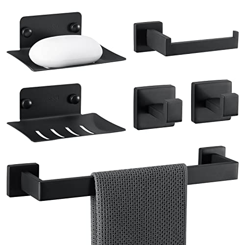 DHAEE 6 Pieces Matte Black Bathroom Accessories Set,Sturdy 304 Stainless Steel Bathroom Hardware Set,Include Wall Mounted Towel Rack/Toilet Paper Holder,Towel Rings,2 Towel Hooks,2 Soap Dish