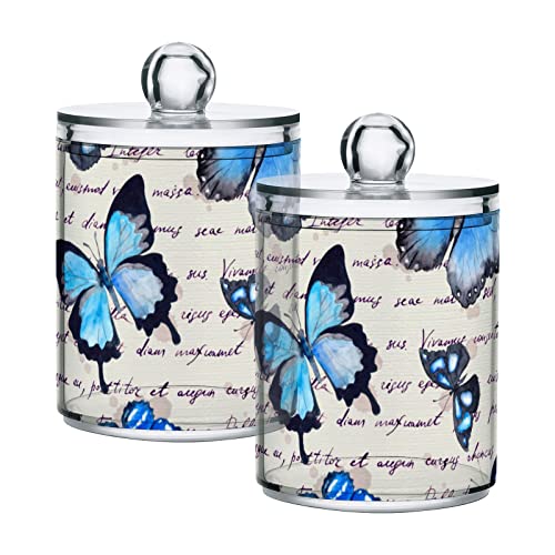 Fustylead 2 Pack Butterflies and Handwritten Text Note Qtip Holder Dispensers, Plastic Apothecary Jar Bathroom Accessories Set for Cotton Ball, Swab, Round Pads, Floss