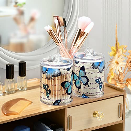 Fustylead 2 Pack Butterflies and Handwritten Text Note Qtip Holder Dispensers, Plastic Apothecary Jar Bathroom Accessories Set for Cotton Ball, Swab, Round Pads, Floss