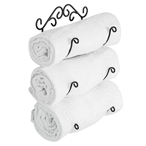 MyGift Wall Mounted Black Metal Towel Rack Holder with Scrollwork Design fits Rolled Beach Towels, Bath Towels, Hand Towels and Linen, 3 Tier Decorative Towel Holder for Home, Spa and Salon