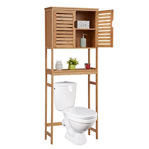 Kinfant Over The Toilet Storage Cabinet - with Adjustable Shelf and 6 Hooks Space Saver Double Door Organizer, Natural