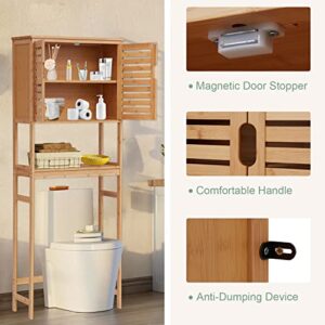 Kinfant Over The Toilet Storage Cabinet - with Adjustable Shelf and 6 Hooks Space Saver Double Door Organizer, Natural